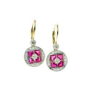 18ct Gold Diamond and Ruby Disc Earrings with Shepherds Hooks ...