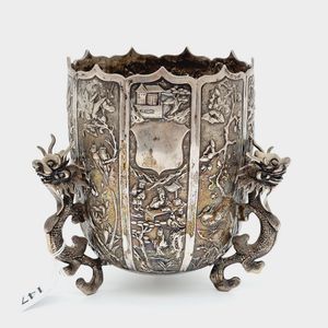 Embossed Chinese Silver Pot with Dragon Feet - Zother - Oriental