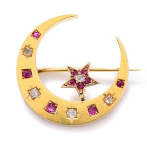 Ruby and Diamond Crescent Moon Brooch in 18ct Gold - Brooches - Jewellery