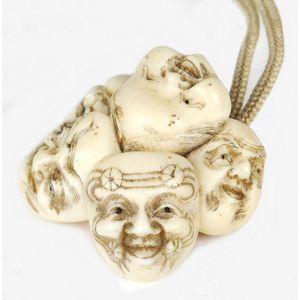 Japanese Ivory Netsuke of Five Masks, Okame and Signature - Netsuke ...