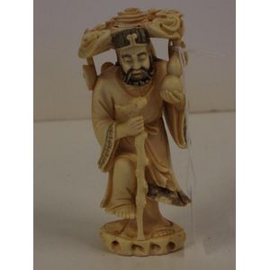 Carved Ivory Man with Stick and Bottle - Ivory - Oriental