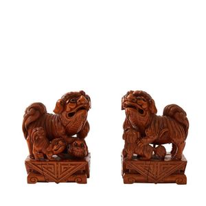 Chinese Carved Wood Shishi Dogs and Pups on Plinths - Zother - Oriental