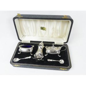 Vintage Sterling Silver Cruet Set with Blue Glass Inserts - Condiment ...