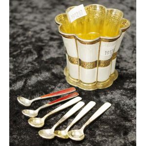 Danish Enamel Decorated Silver Salt Spoons and Bowl Set - Condiment ...