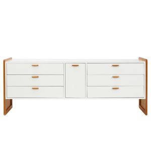 White Low-Line Sideboard with Rattan and Timber Fixtures - Cabinets ...