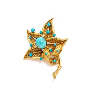 Mid Century 18ct Gold Turquoise Diamond Flower Brooch - Brooches ...