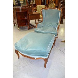 French Beech Wing Armchair & Stool, Early 20th Century - Seating ...