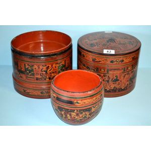 Burmese Red Lacquer Box and Bowl Set - Zother - Oriental