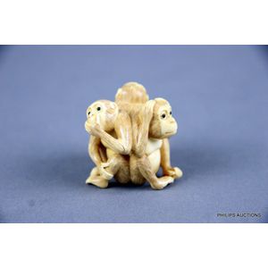 Signed Ivory Netsuke: Three Wise Monkeys - Netsuke - Oriental