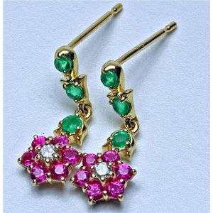 Emerald, Diamond and Ruby Gold Drop Earrings - Earrings - Jewellery