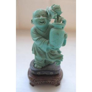 Carved Turquoise Boy Figure on Wooden Stand - Ceramics - Chinese - Oriental