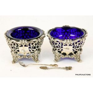 Victorian Silver Salt Cellars with Blue Glass Liners - Condiment ...