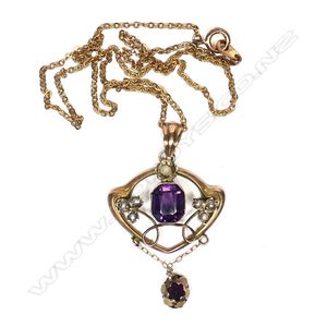 Edwardian Gold Pendant with Imitation Amethyst and Seed Pearls ...
