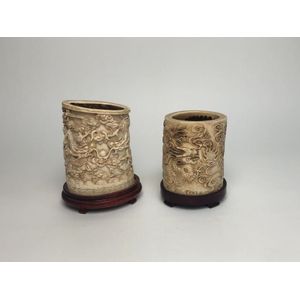 Dragon Ivory Brush Pots with Stands - Ivory - Oriental