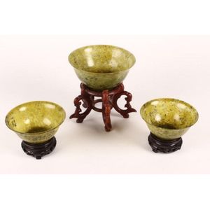 Set of Three Chinese Spinach Jade Bowls with Stands - Jade - Oriental