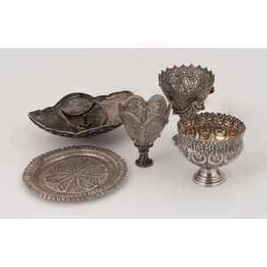 Silver Filigree Dish, Bowl, Egg Cups, and Belt Buckle - Zother - Oriental