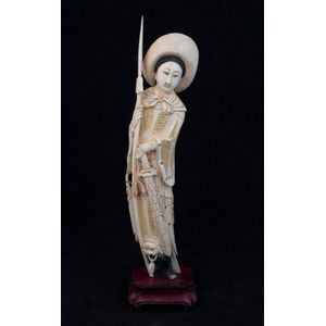 Chinese Ivory Warrior Statue on Wooden Stand - Ivory - Oriental