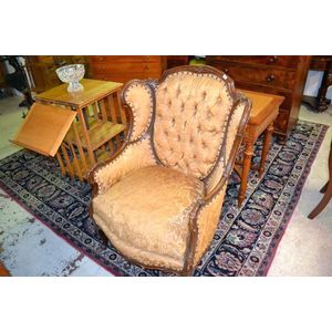French Bergere Chair with Gold Brocade and Walnut Frame - Seating ...
