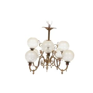 Etched Glass Gasolier with Foliate Motifs & Spherical Shades - Ceiling ...