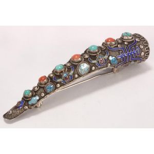 Chinese Silver Filigree Enamel Fingernail Guard Brooch with Shou ...