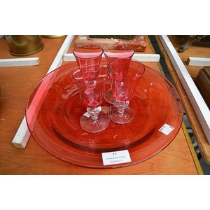 Ruby Bowl & Port Glasses Set - British - Victorian - Glass