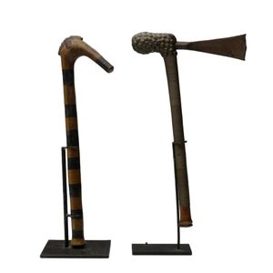 African Chowke War Axe and Zoomorphic Club with Stand - African - Tribal
