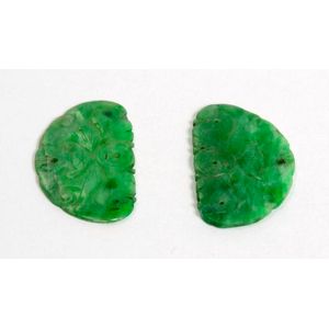 Carved Jadeite Half Moon Panels with Flora and Fauna - Jade - Oriental