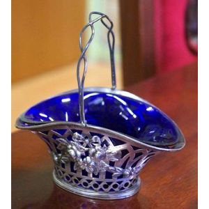 Edwardian Silver Basket with Floral Piercing and Blue Glass Liner ...