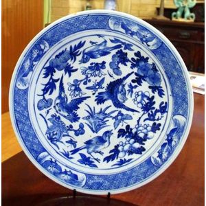 Chinese Blue & White Platter with Birds & Butterflies - Ceramics ...