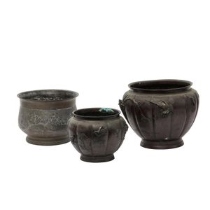 Chinese Bronze Jardinieres with Bird and Flower Decor, Set of Three - Bronze - Oriental