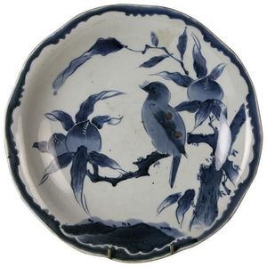 Blue & White Japanese Plate with Bird & Peaches - Ceramics - Japanese ...