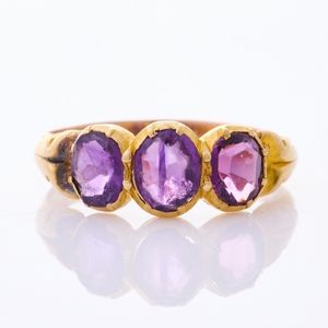 9ct Yellow Gold Three Stone Amethyst Ring, Size O - Rings - Jewellery