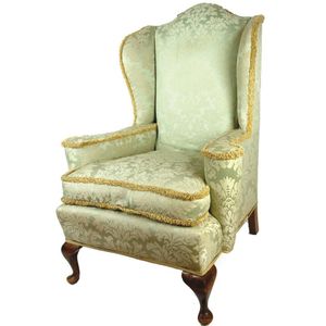 Green Brocade Wingback Armchair with Fringe and Cabriole Legs - Seating ...