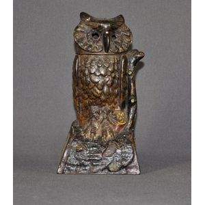 Wise Owl Mechanical Bank - Vintage Cast Iron Collectible - Money Boxes ...