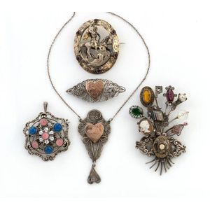 Pink Stone Brooch Set: St. George, Enamel Pendant, Filigree Necklace ...