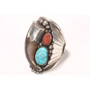 Navajo Sterling Silver Gem Ring with Turquoise and Coral Stones - Rings - Jewellery
