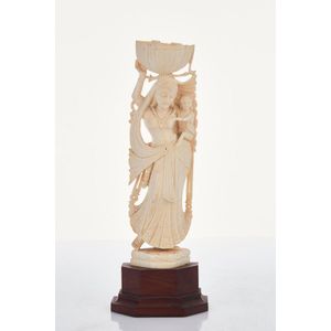 Indian Ivory Carving: Mother and Child on Wood Stand - Ivory - Oriental