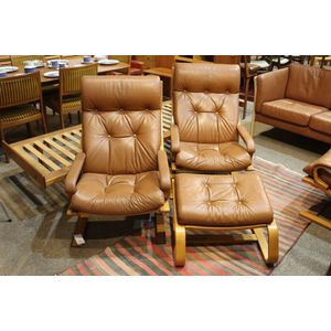 1970s Lamitech Bentwood Armchairs and Footstool with Tan Leather Seats ...
