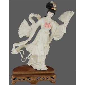 Carved Ivory Dancer with Peacock Fans - Ivory - Oriental