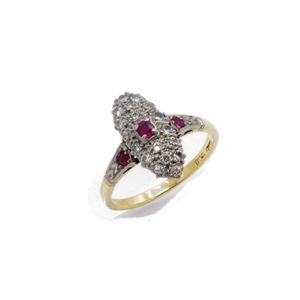 Art Deco Ruby & Diamond 18ct Gold Navette Ring - Rings - Jewellery