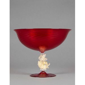 Gold-flecked Dolphin Stem Ruby Glass Comport - Venetian / Murano - Glass