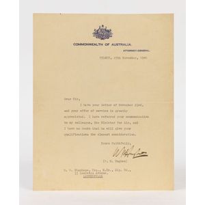 W.H. Hughes' Offer of Service to Minister for Air (1940) - Autographs ...