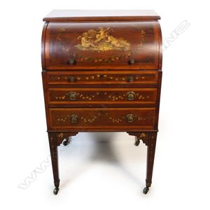 Edwardian floral painted ladies cylinder writing desk with cherubs ...