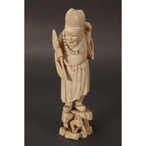 Japanese Ivory Figure Holding Fan on Rocky Outcrop - Ivory - Oriental
