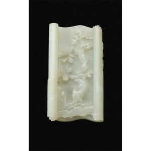 White Jade Scroll Plaque with Shou Lao and Prunus Tree - Jade - Oriental