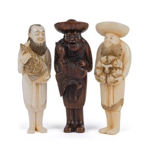 Japanese Netsuke Trio: Ivory and Wood Carvings - Netsuke - Oriental