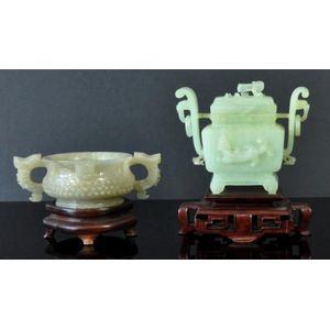 Chinese Greenstone Censer and Funerary Vessel on Stands - Zother - Oriental