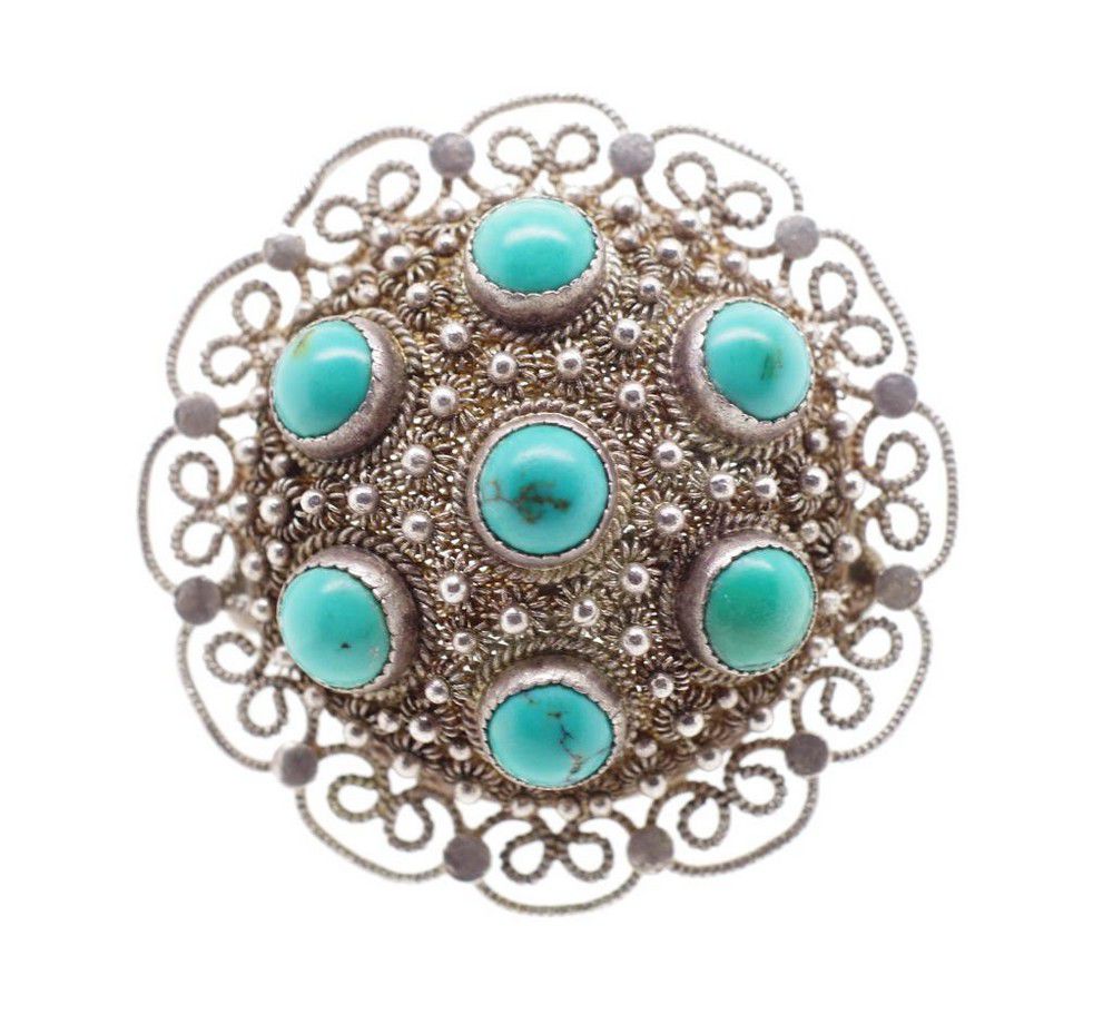Chinese Turquoise Silver Brooch, Marked Silver, 37mm Width - Brooches ...