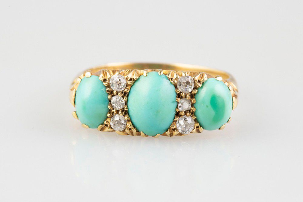 Victorian 18ct Turquoise & Diamond Bridge Ring - Rings - Jewellery