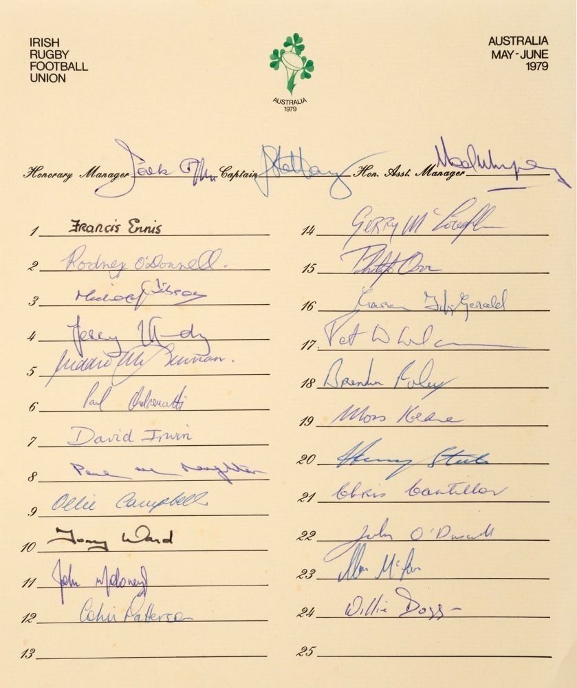 1979 Ireland Rugby Union Tour of Australia Team Sheet Signed - Sporting ...